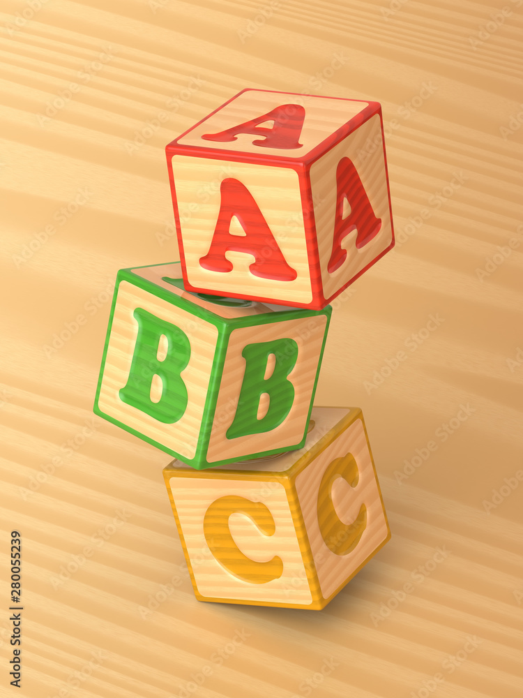 3d rendered angled view of tumbling red, green and yellow wooden toy ...