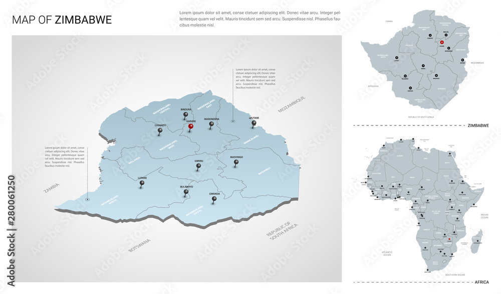 Vector set of Zimbabwe country. Isometric 3d map, Zimbabwe map, Africa ...