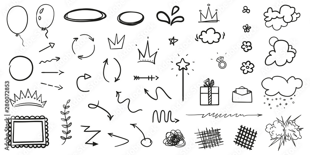 Set of different outline elements isolated on white. Hand drawn samples ...
