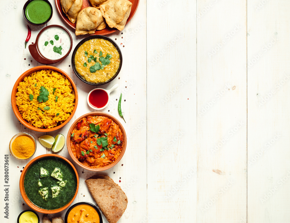 Indian cuisine dishes: tikka masala, dal, paneer, samosa, chapati ...