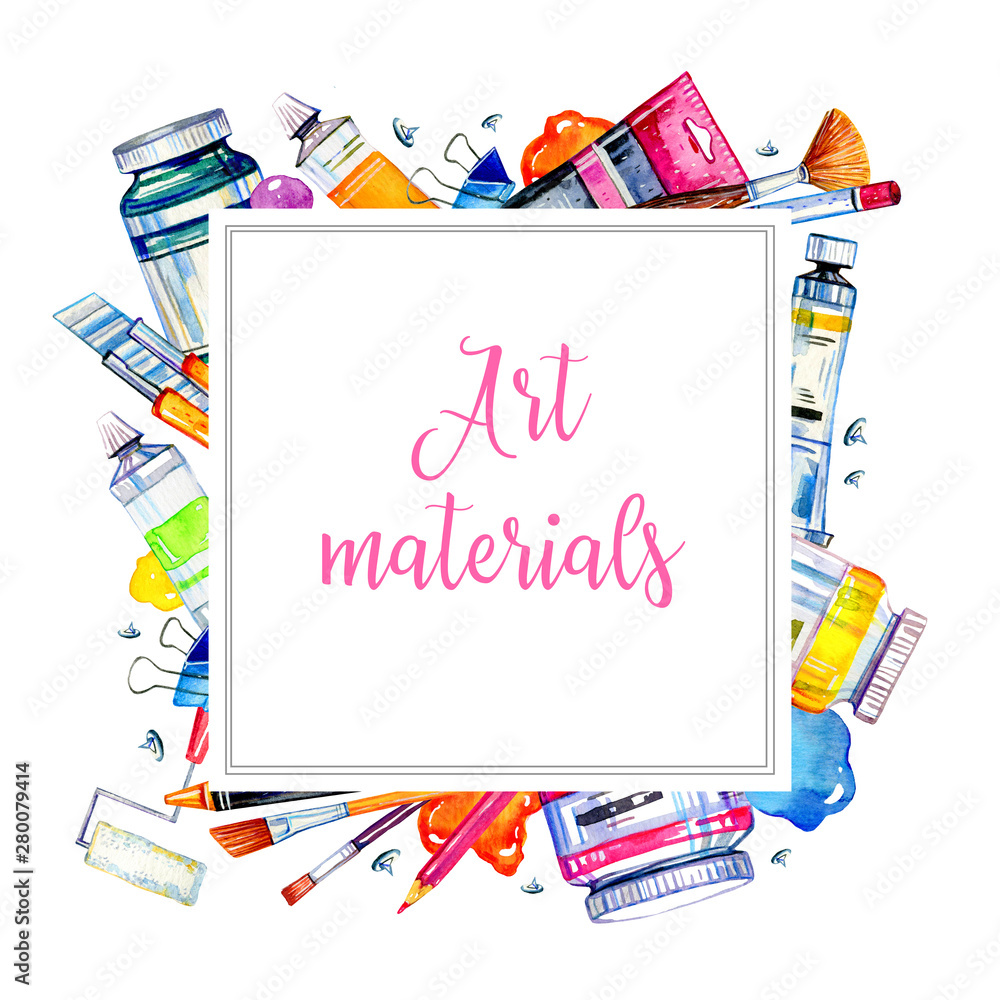 Artist materials. Rectangular frame design template - paintbrushes ...
