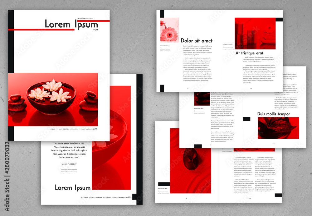 Minimalist Magazine Layout with Red and Black Accents Stock Template ...
