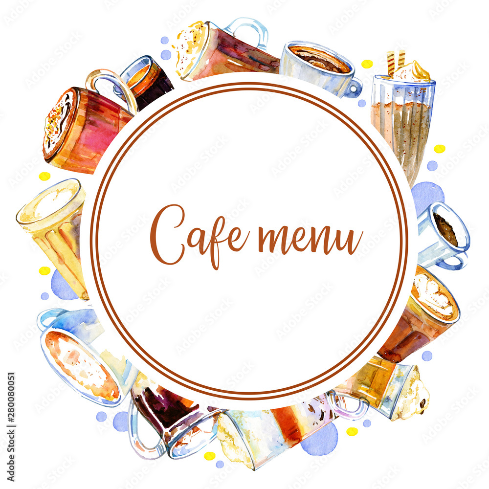 Cafe menu cover design template. Round frame with coffee drinks ...