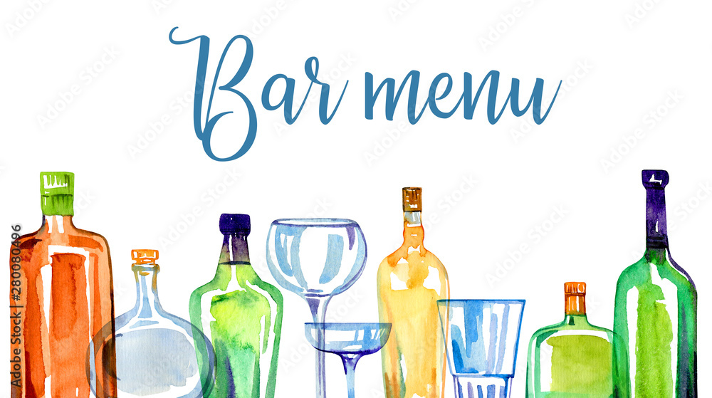 Bar menu cover design template. Transparent color glass alcohol bottles ...