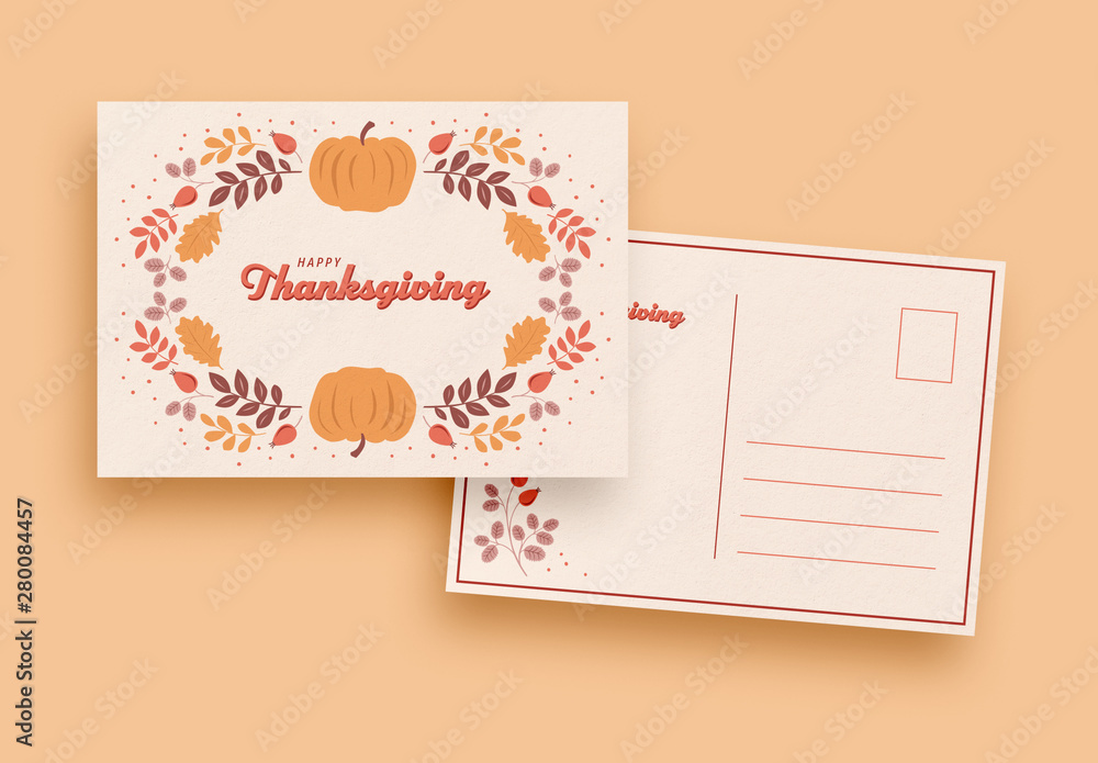 Thanksgiving Card Layout with Leaf and Pumpkin Illustrations Stock ...