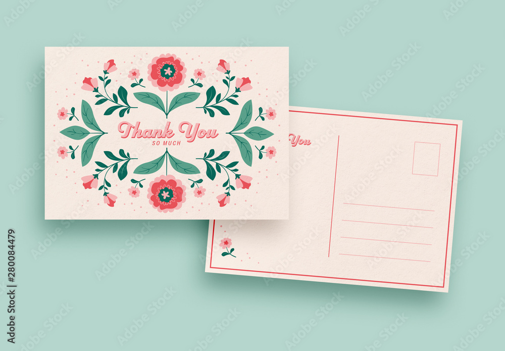 Thank You Card Layout with Floral Illustrations Stock Template | Adobe ...