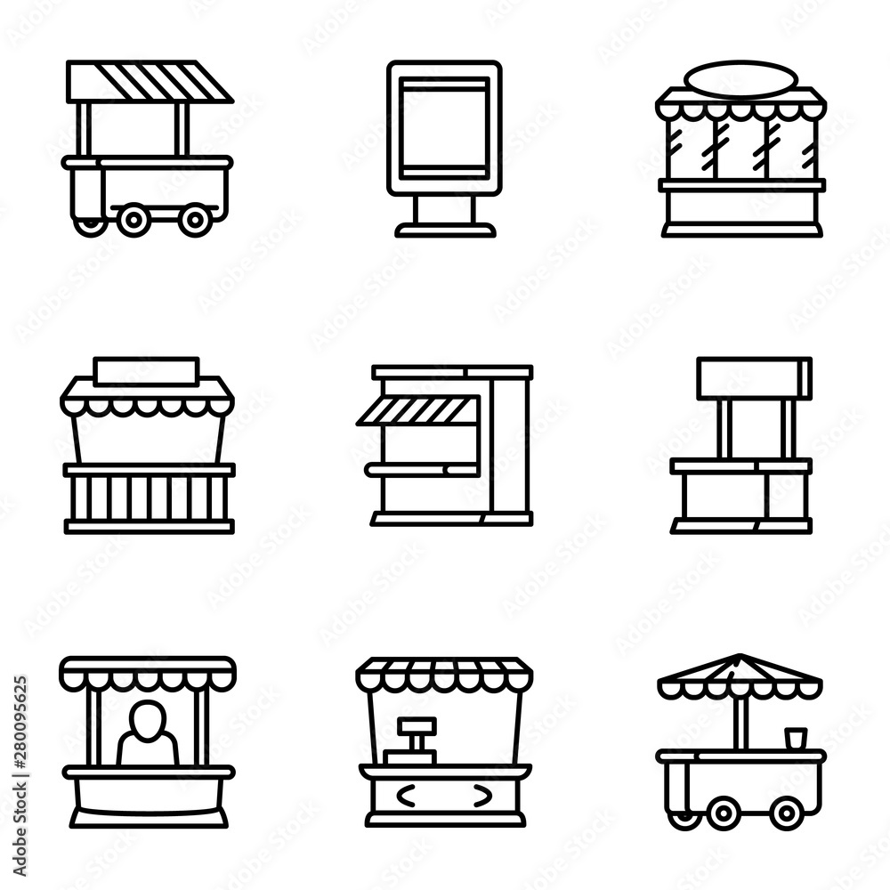 Street market icon set. Outline set of 9 street market vector icons for ...