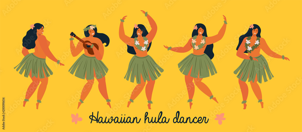 Hawaiian hula dancers young pretty woman poster, banner. Vector ...
