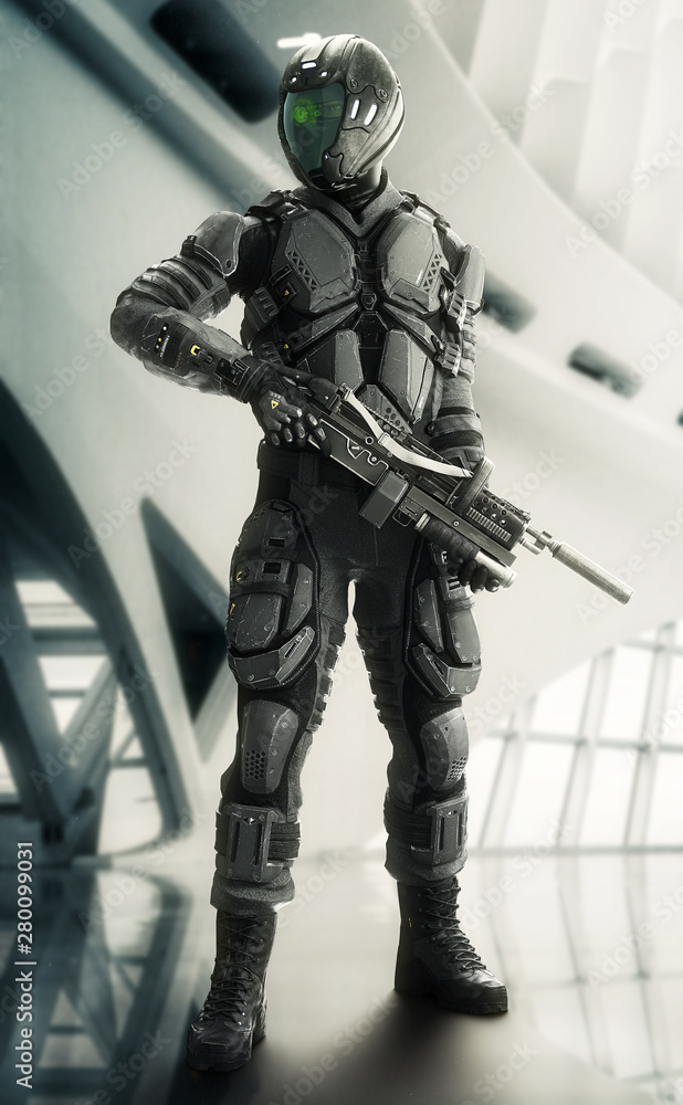 Portrait of a armed masked futuristic armored soldier posing with a ...