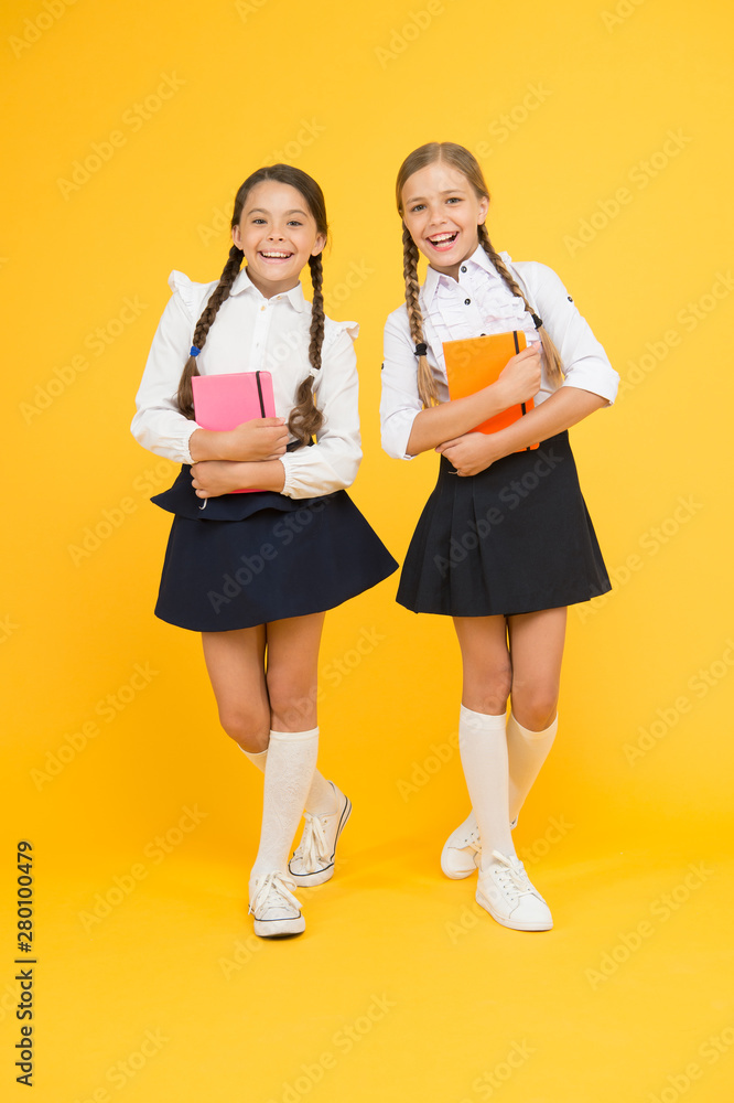 Friendship goals. Cute school girls with books. First day at school ...