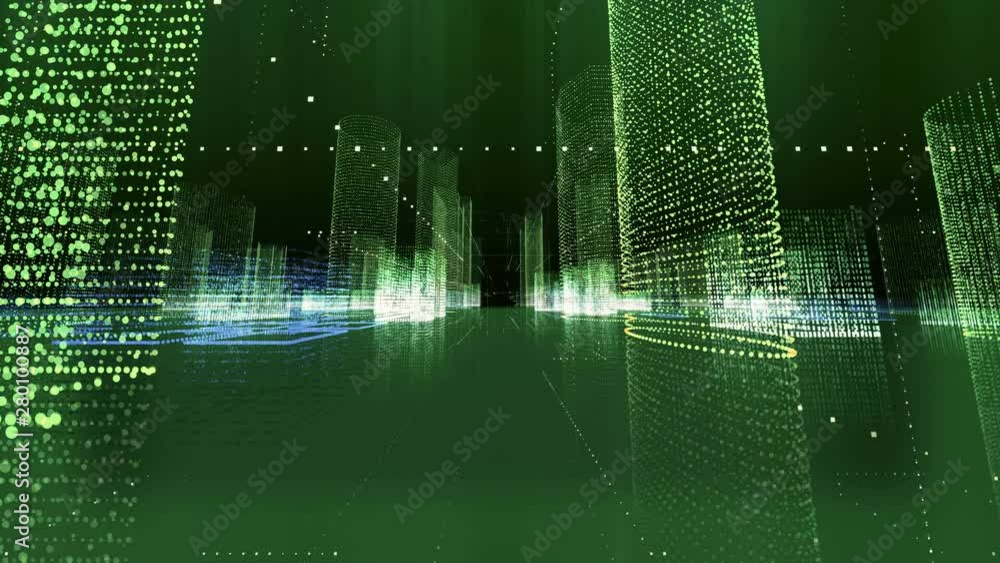 Futuristic matrix hologram city seamless loop. Digital blueprint of buildings with binary code ...