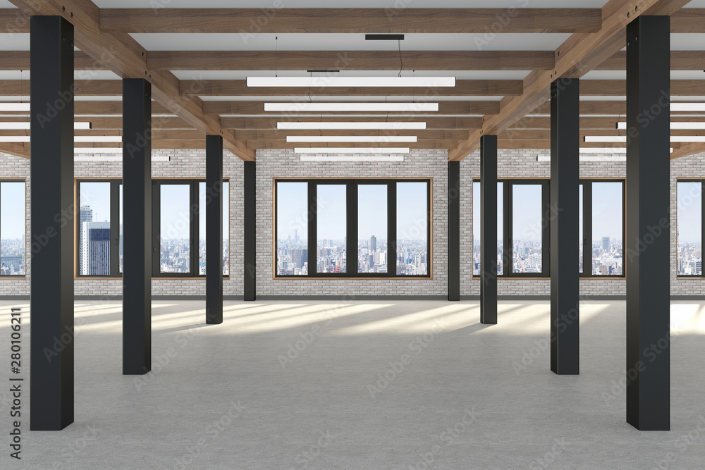 A huge empty room with large windows overlooking the metropolis, iron ...