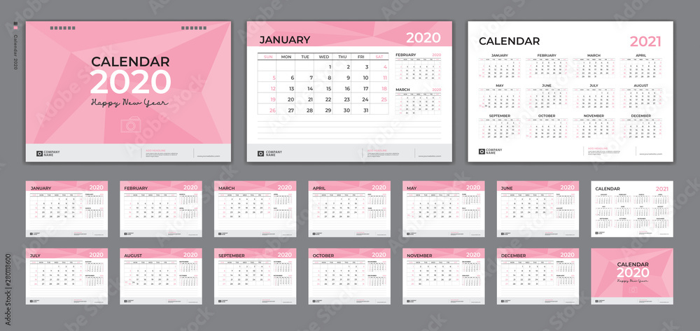 Desk calendar template 2020, Calendar 2021, , Set of 12 Months, Planner ...
