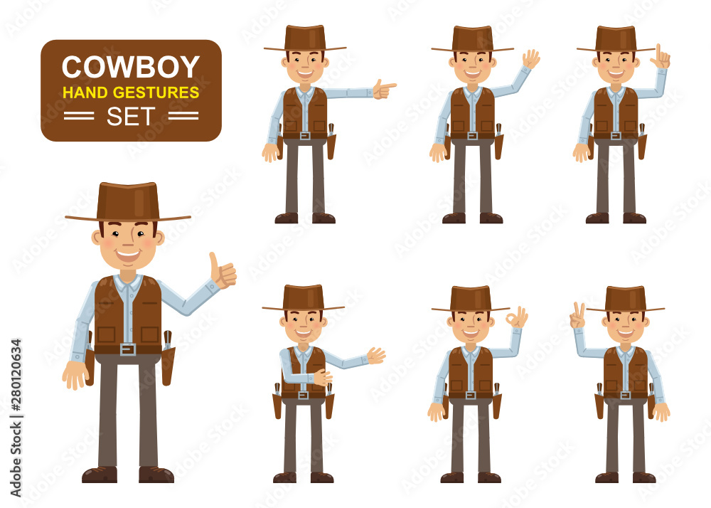 Set of cowboy characters showing different hand gestures. Cheerful ...