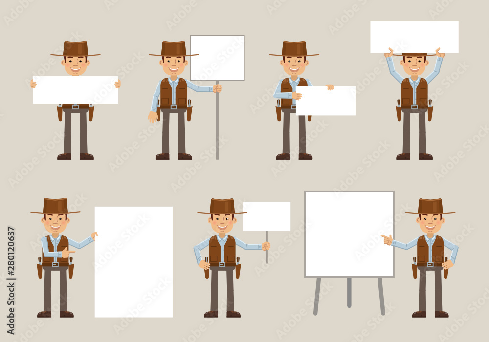 Set of cowboy characters posing with different blank banners. Cheerful ...