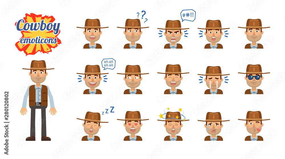 Big set of cowboy emoticons. Cowboy emojis showing different facial ...