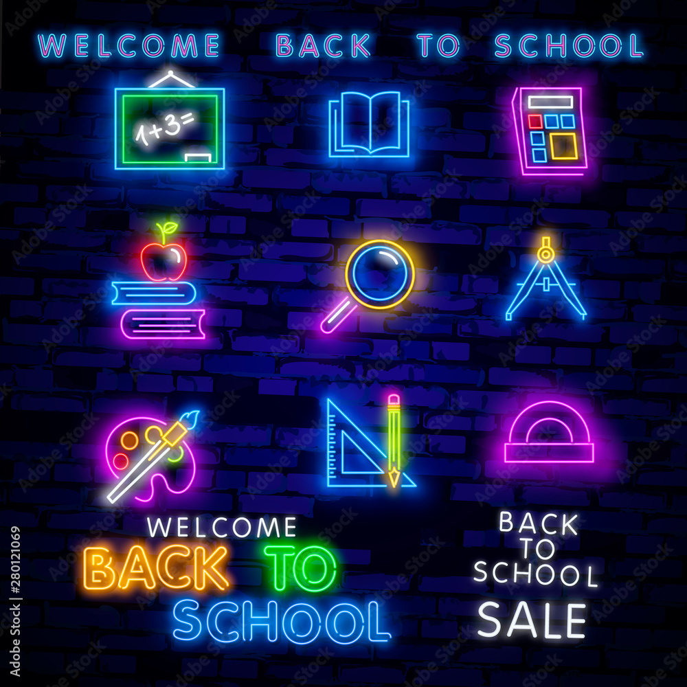 Back to School Welcome greeting card design template neon vector ...