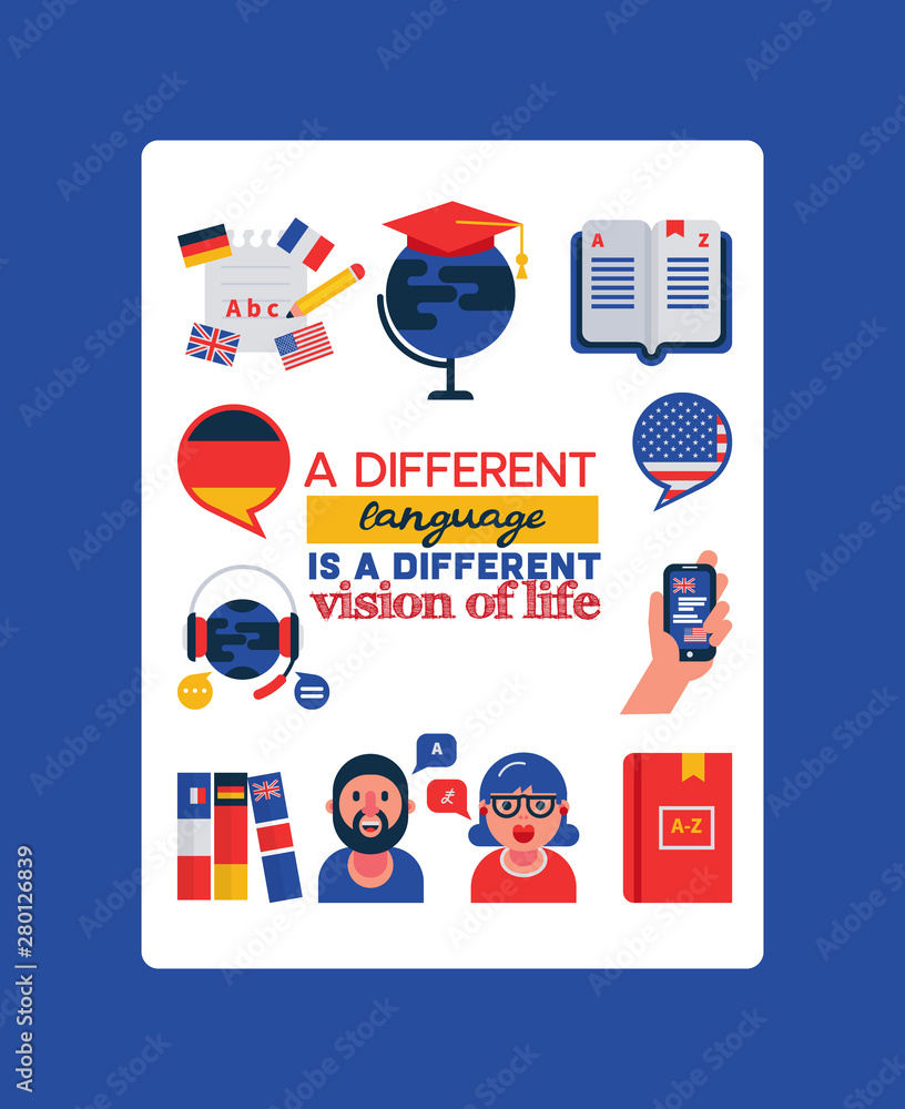 Learning foreign languages vector illustration with typography ...
