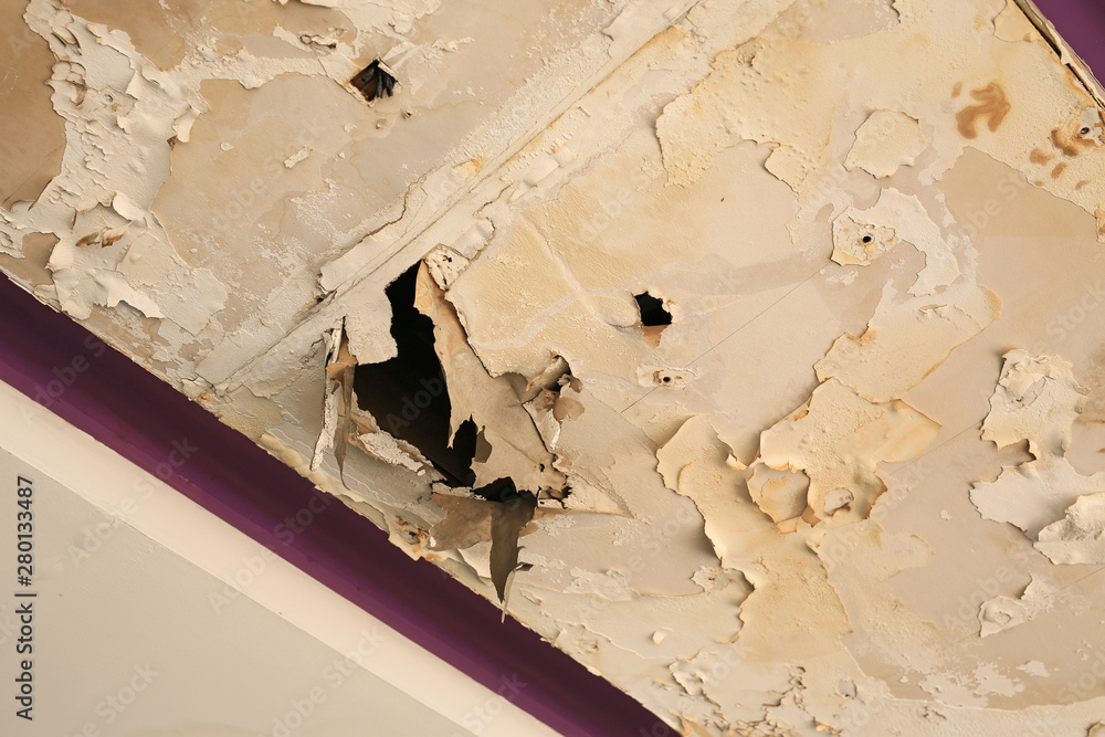 Ceiling panels house damaged from rainwater leakage. Stock Photo ...