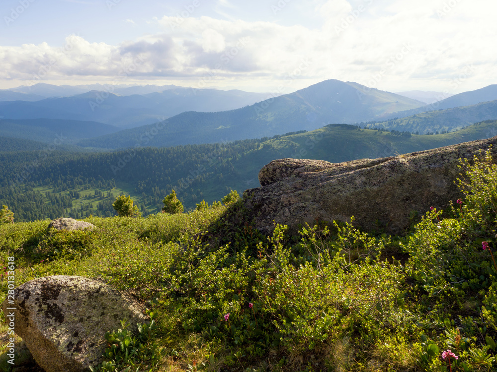 View from the top of the mountain in the natural park Ergaki. Siberian ...