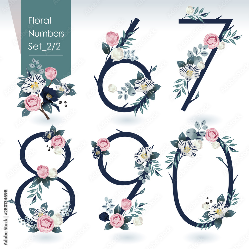 Vector illustration of floral numbers collection in spring. A set of ...