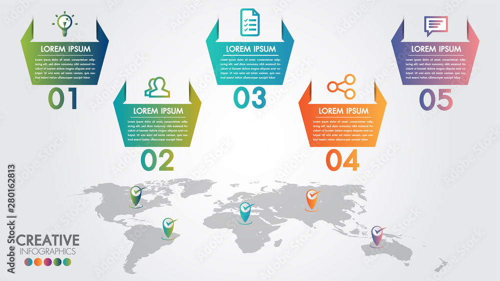 World map business infographics 5 step options vector illustration and ...