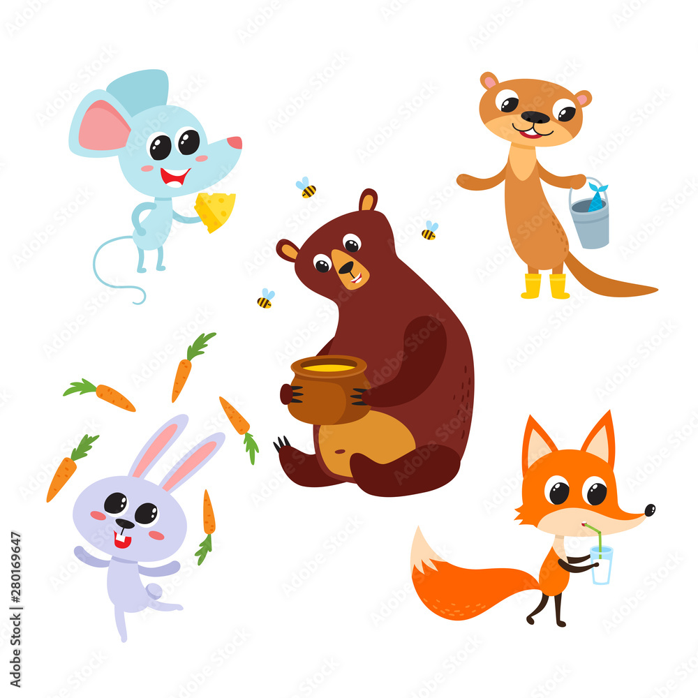 Collection of cute cartoon animals with meal isolated on white. Stock ...