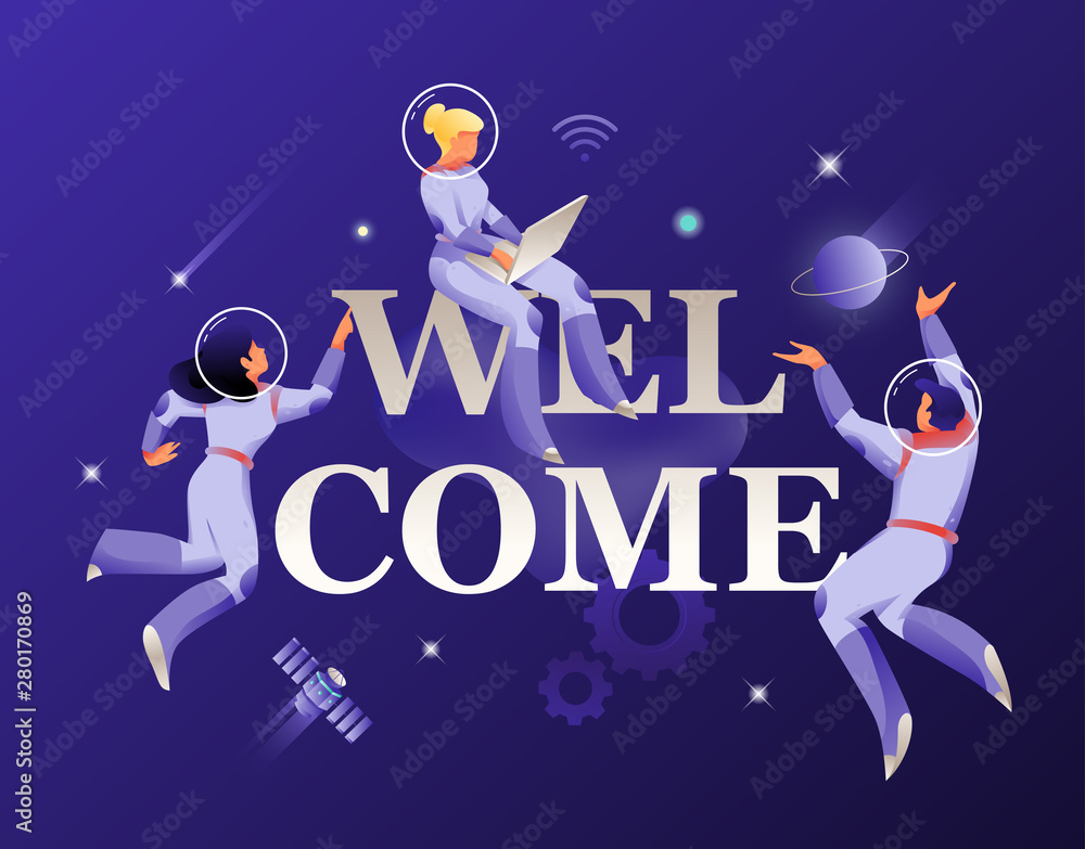 WELCOME Word and Astronauts in Spacesuits Stock Vector | Adobe Stock