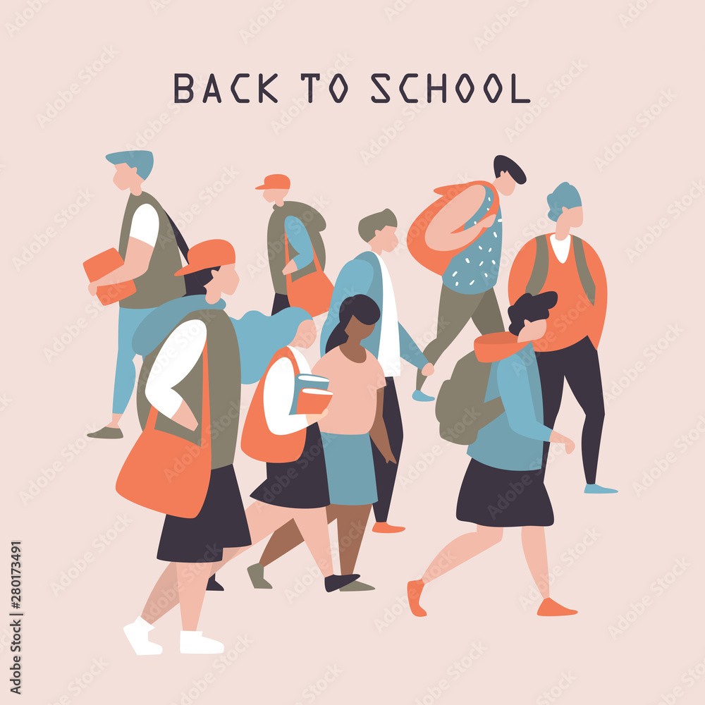 A group of students of different ages and multi-ethnic groups goes to ...