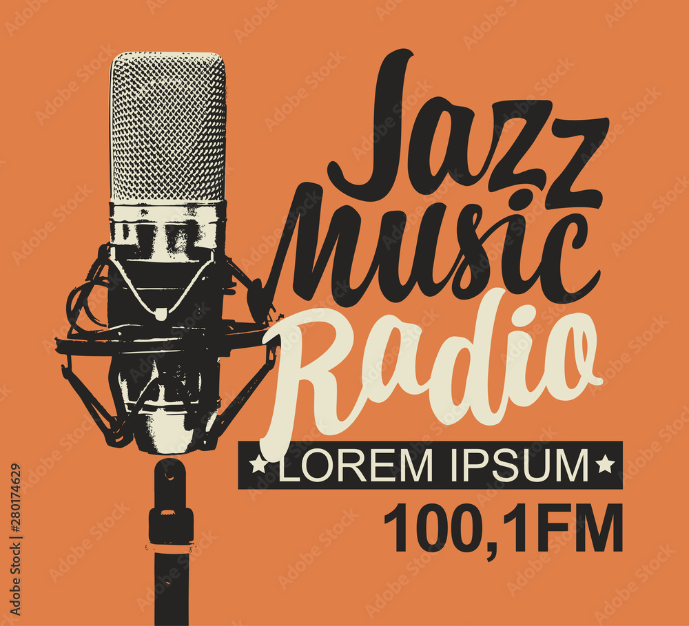 Vector banner for jazz music radio with microphone and inscription in ...