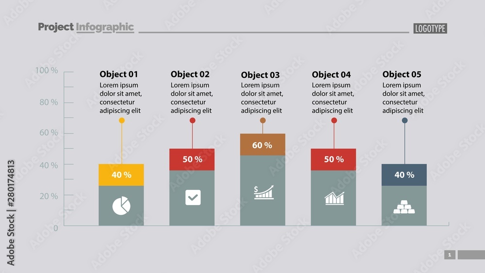 Five columns bar chart slide template. Business. Percentage, comparison ...