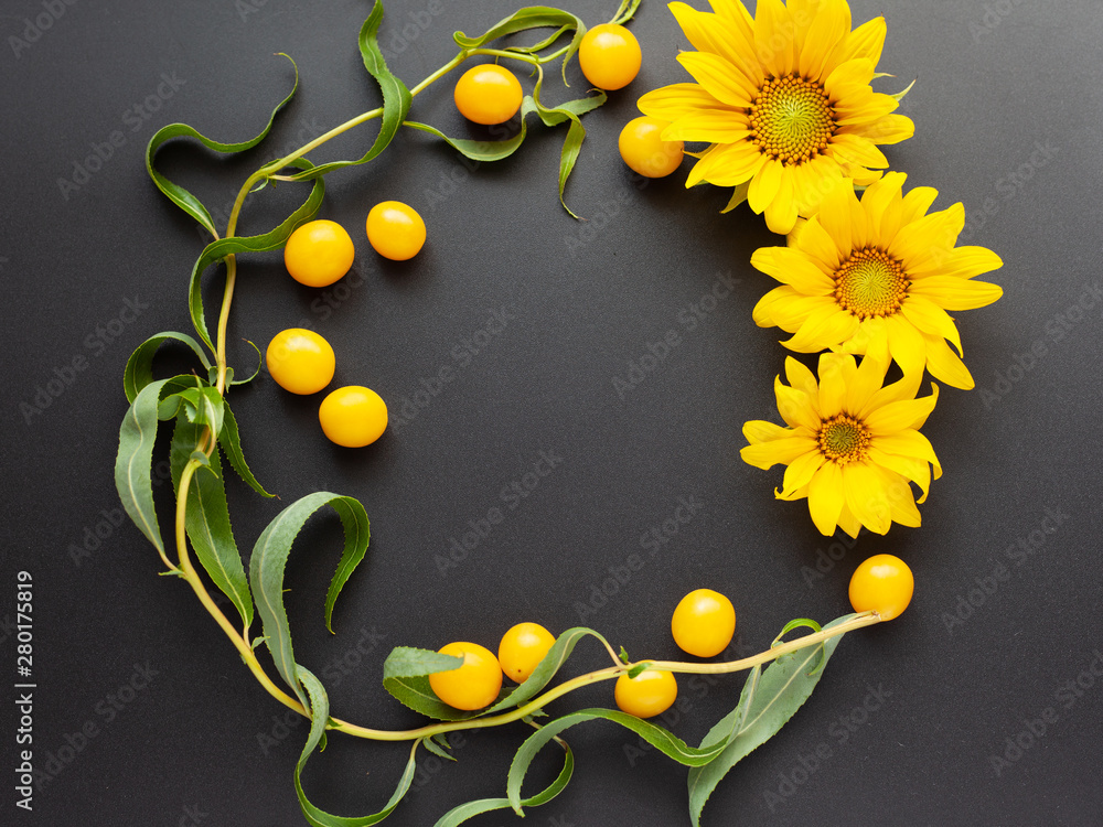 summer frame flat lay, mockup of flowers of sunflower, cherry plum and ...