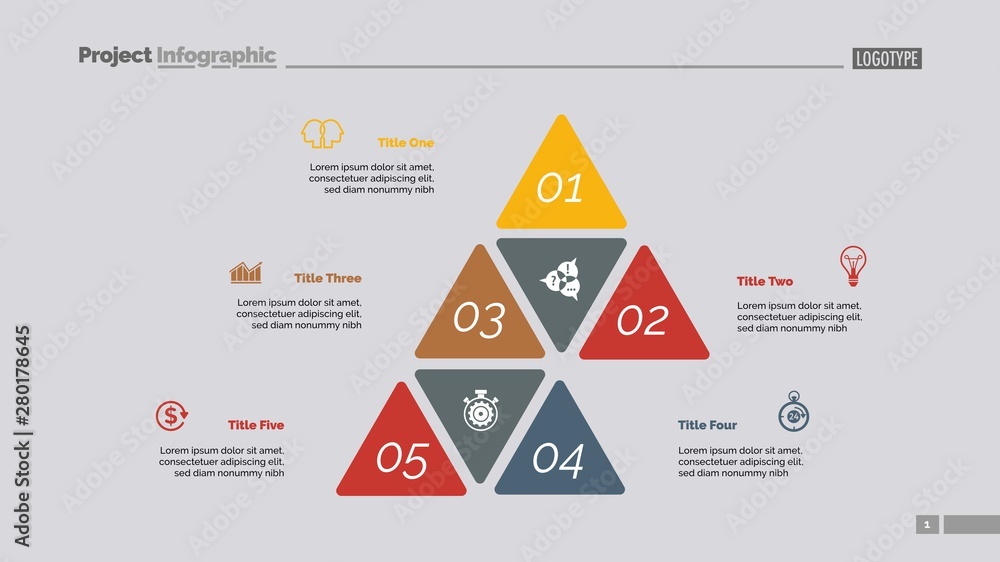 Five options process chart slide template. Business data. Step ...