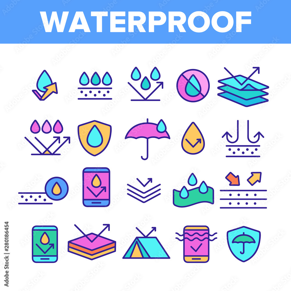 Color Waterproof, Water Resistant Materials Vector Linear Icons Set ...