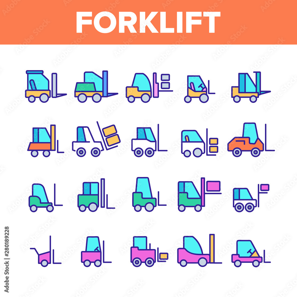 Color Forklift, Lift Truck Vector Linear Icons Set. Transportation ...