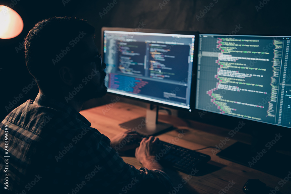 Close Up Back Rear Behind Photo Handsome He Him His Guy Coder Typing Php Css Html Keyboard