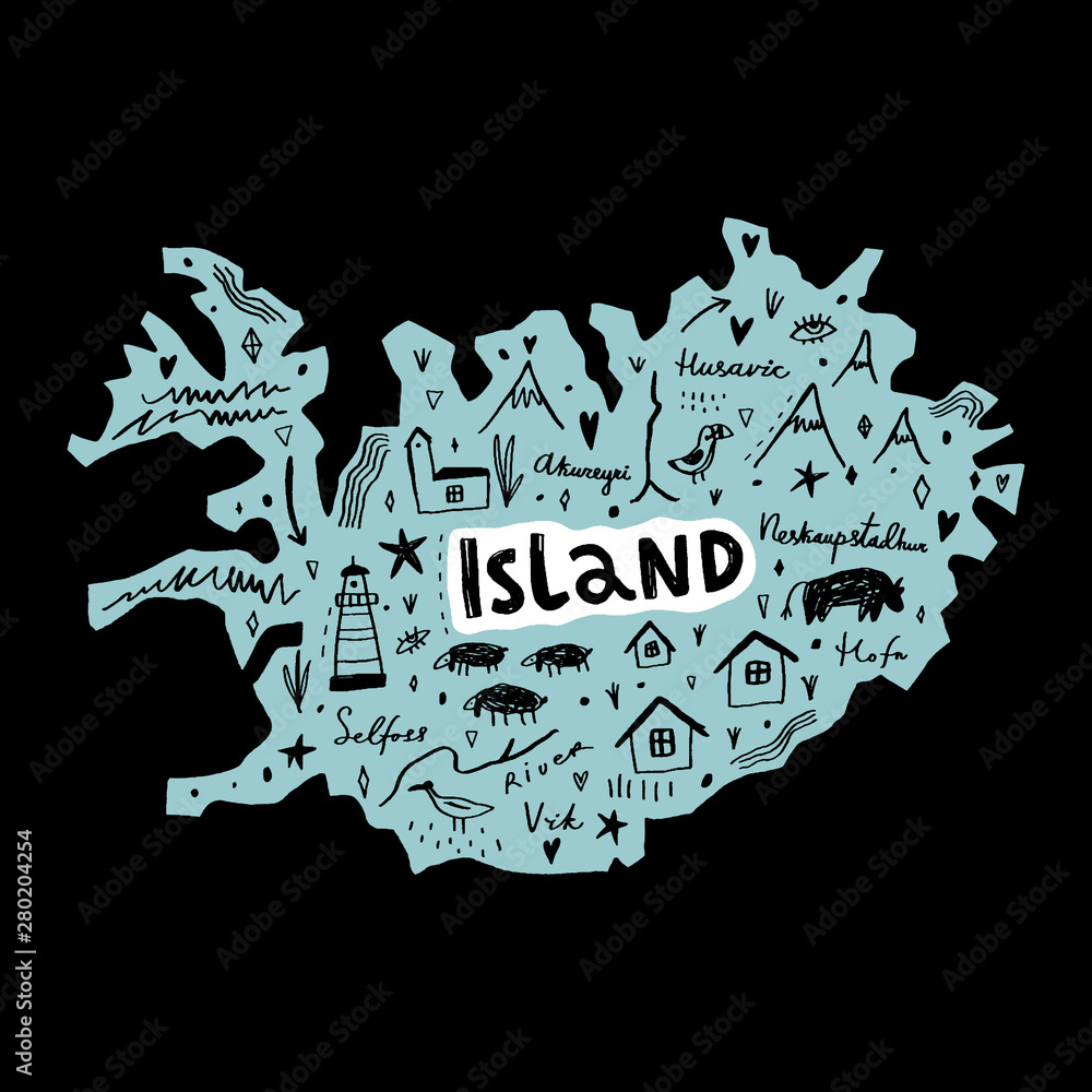 Vecteur Stock Vector handdrawn stylized map of Island. Travel doodle ...