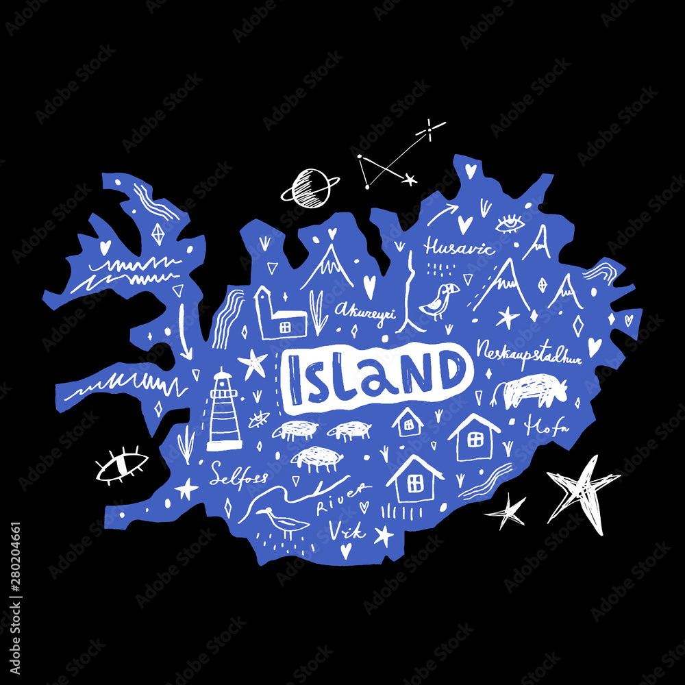 Vector handdrawn stylized map of Island. Travel doodle illustration ...