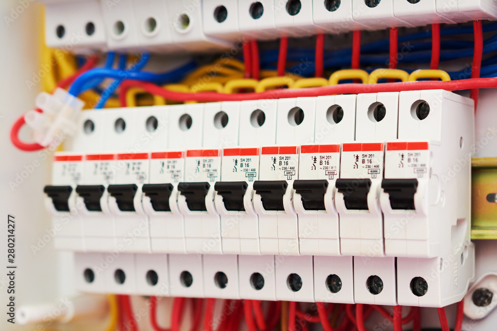 Fuse box, power supply circuit breakers. Voltage switchboard with ...