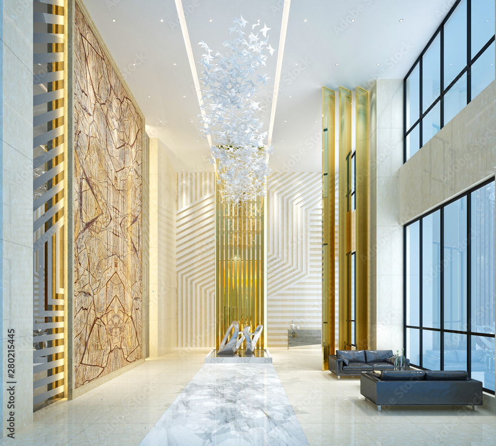 High ceiling hotel lobby with panoramic windows. 3D render Stock ...