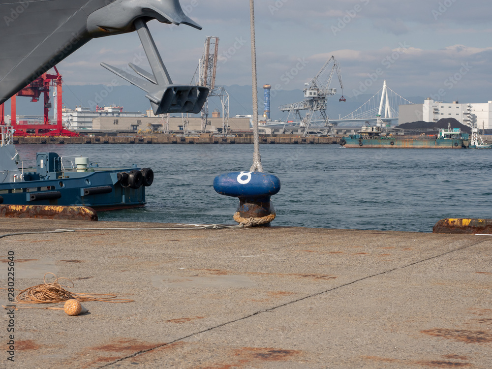 Ship forward tied to the сleat on the pier in Osaka port Japan Stock ...