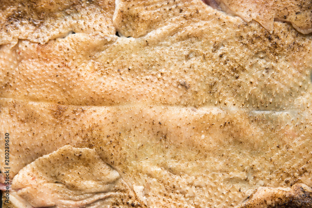 Raw skin taken from a duck. Goose skin, after plucking the feathers and ...