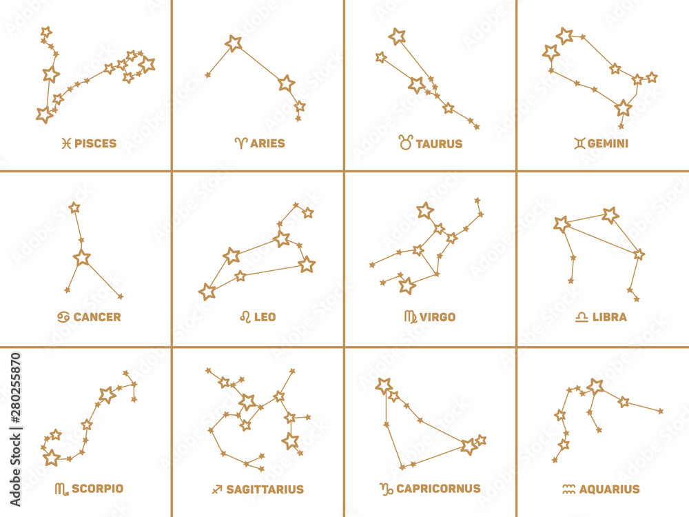 Vector set of square Zodiac signs, stars, constellations golden color ...