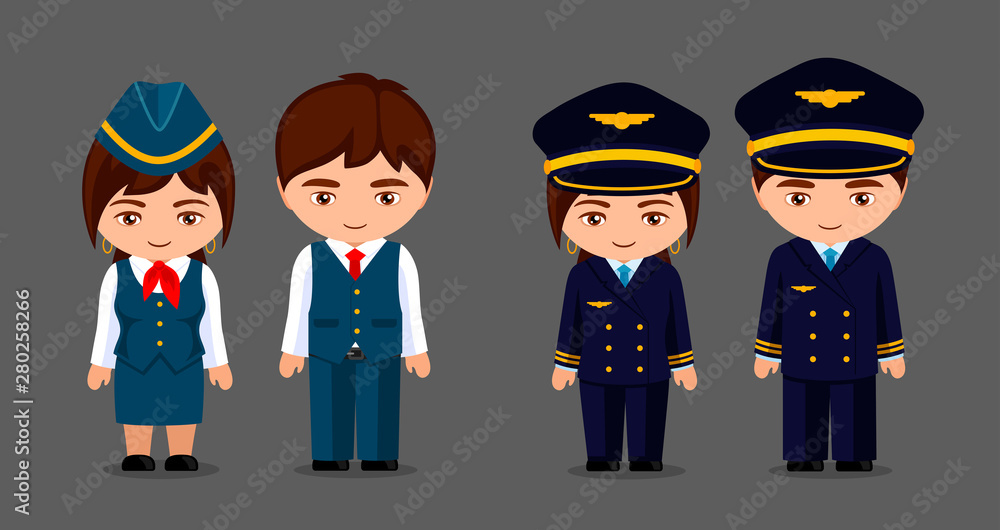 Pilot, stewardess and steward. Civil aviation professions. Little ...