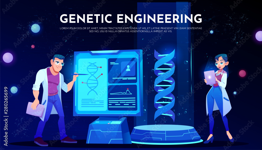 Genetic engineering landing page, couple of scientists in white robes ...