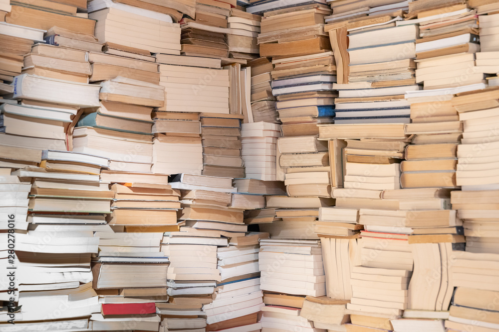 Books on wooden shelves close-up. Old files library. Background of ...