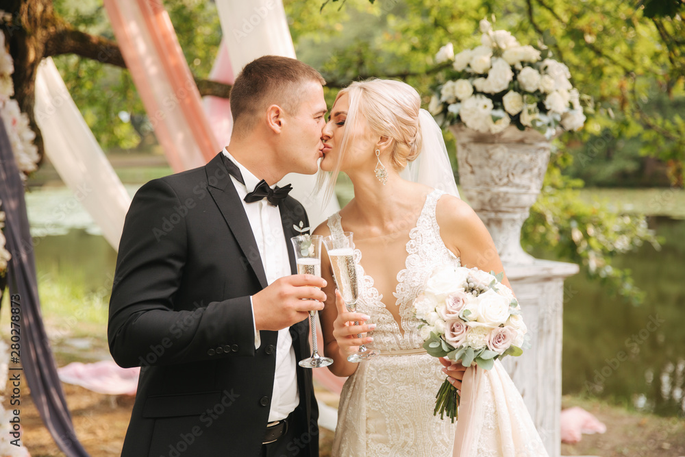 Just Married couple celebrate the end of wedding ceremony Background of ...