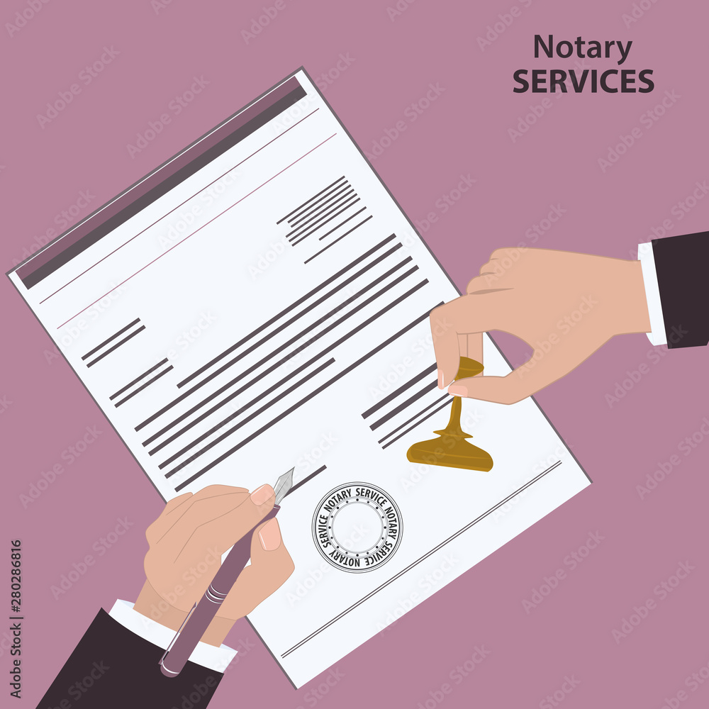 Notary services - the hand with a fountain pen signs the document - and ...