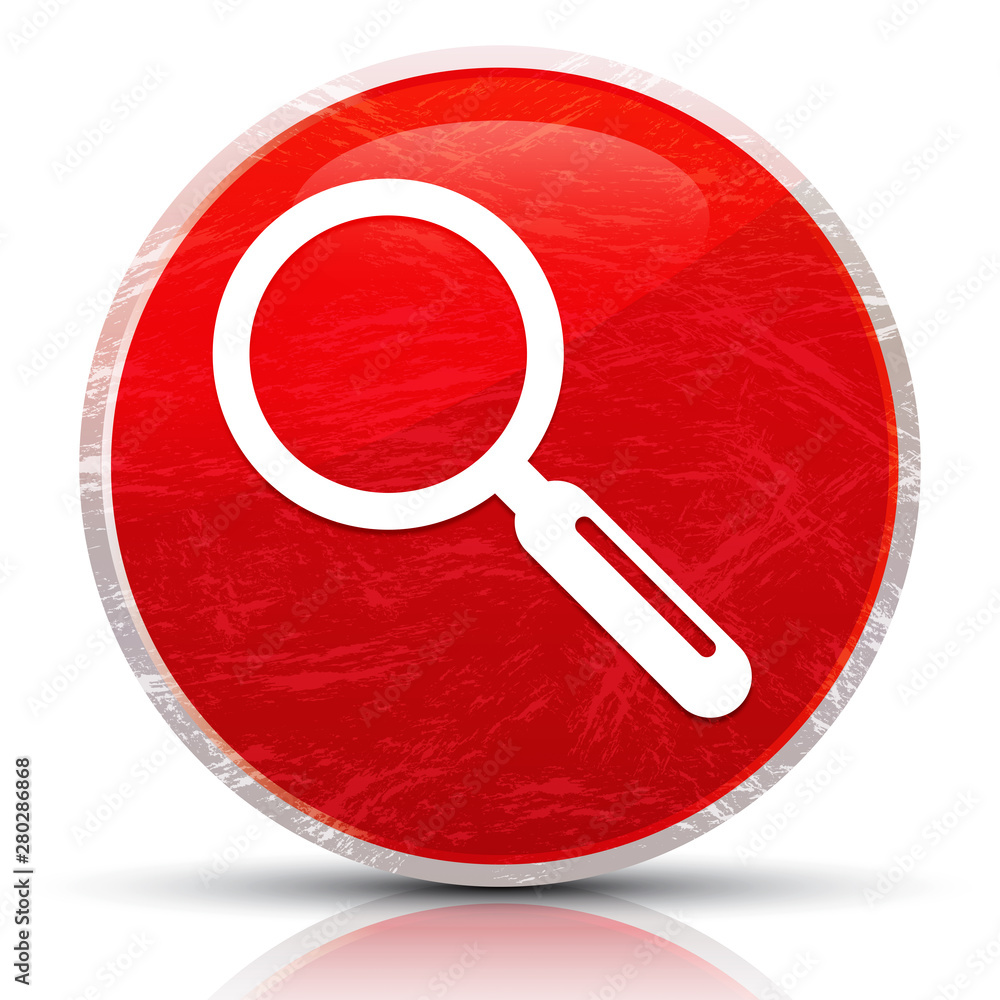Magnifying glass icon metallic grunge abstract red round button vector ...