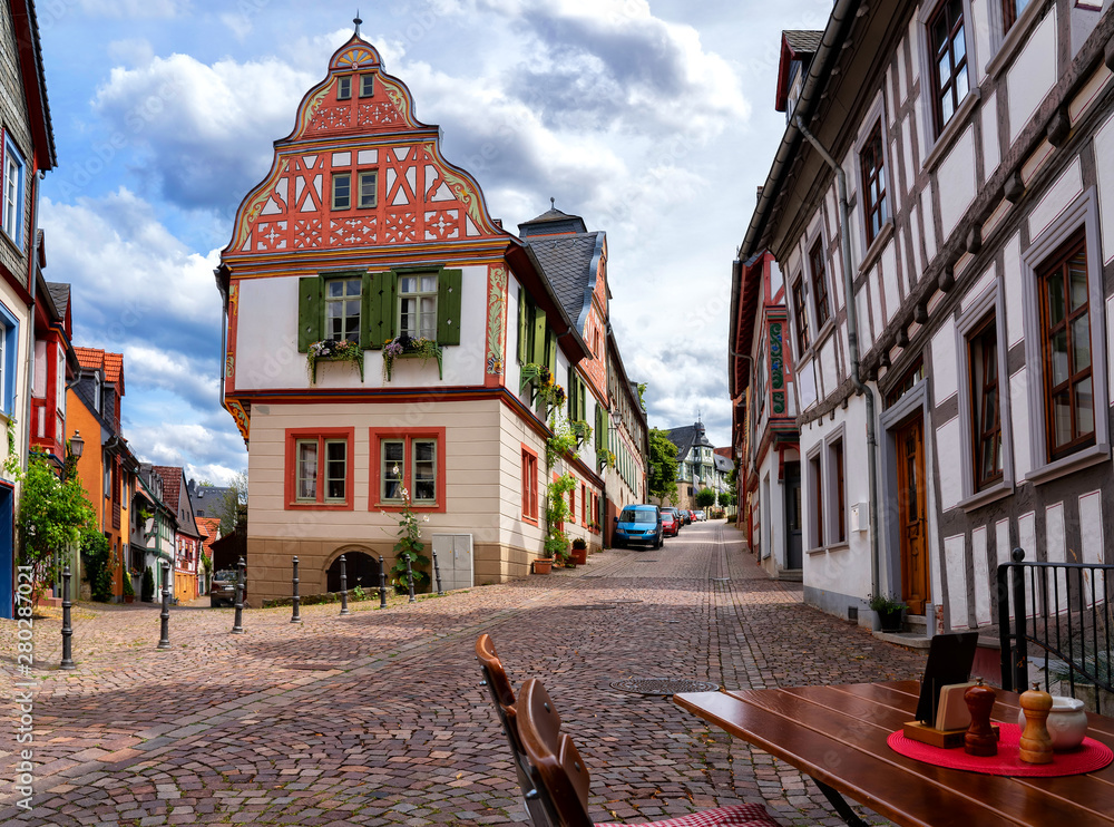 Streets of Idstein town in the Taunus area with half timbered houses on ...